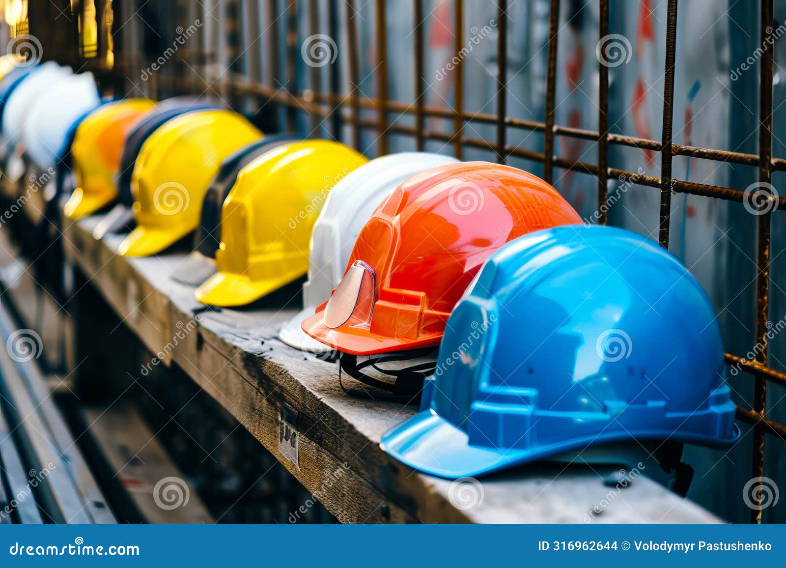 A Row of Hard Hats on a Railing Stock Photo - Image of headdress ...