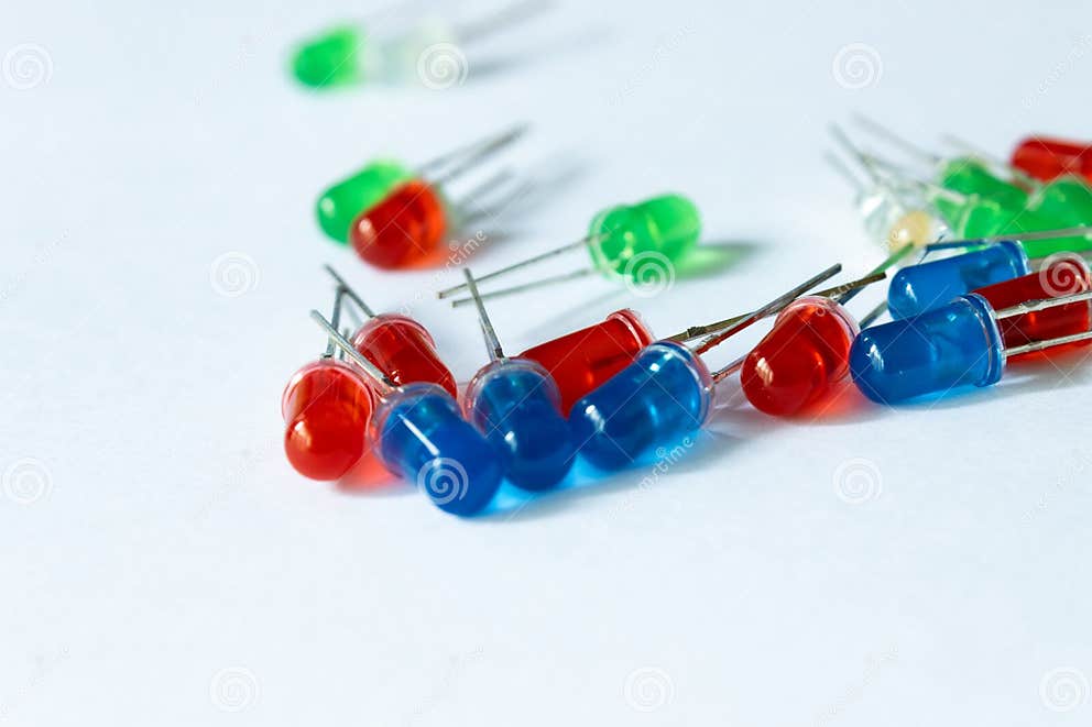 A Row of through Hole Led Diodes, Red,blue,green and White, Electronic ...