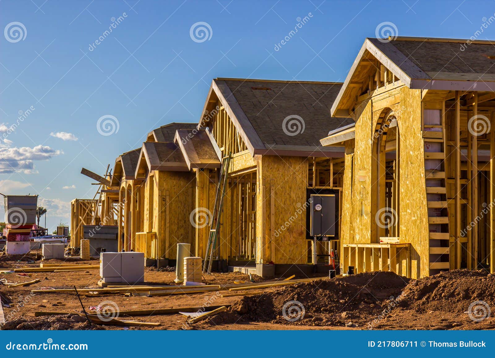 Row of Homes in Framing Stage of Construction Stock Image - Image of ...