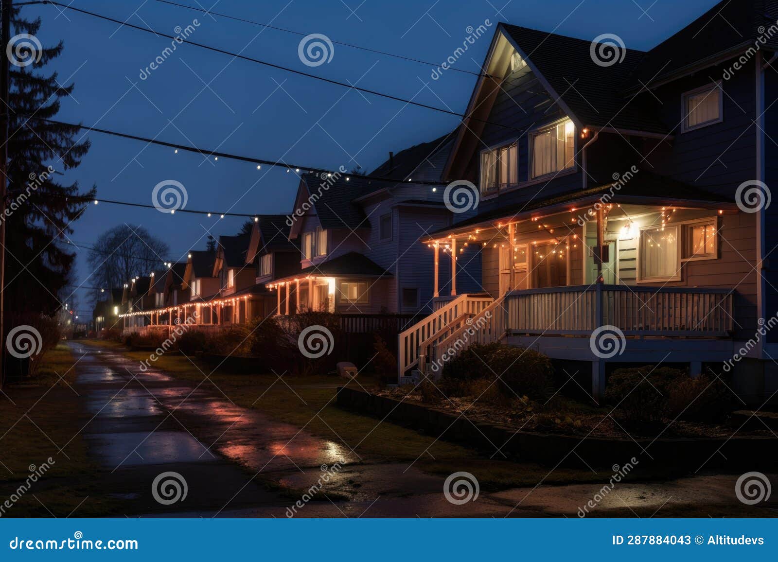 A Row of Houses with Motion Sensor Lights Activated Stock Image - Image ...