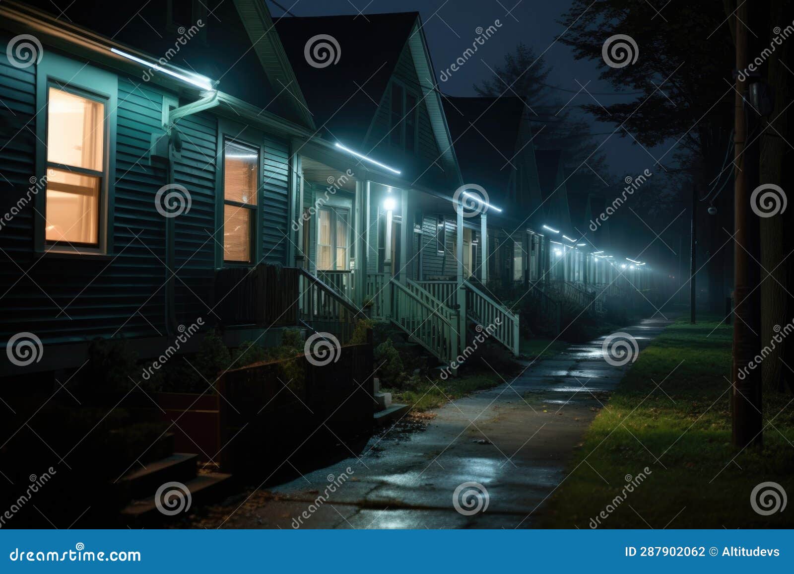 A Row of Houses with Motion Sensor Lights Activated Stock Photo - Image ...