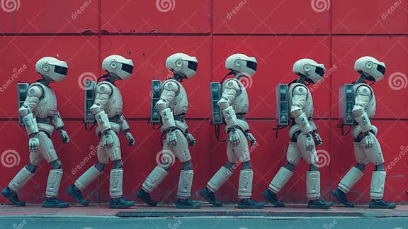 Row of Humanoid Robots Walking in Sync Against a Red Wall Stock ...