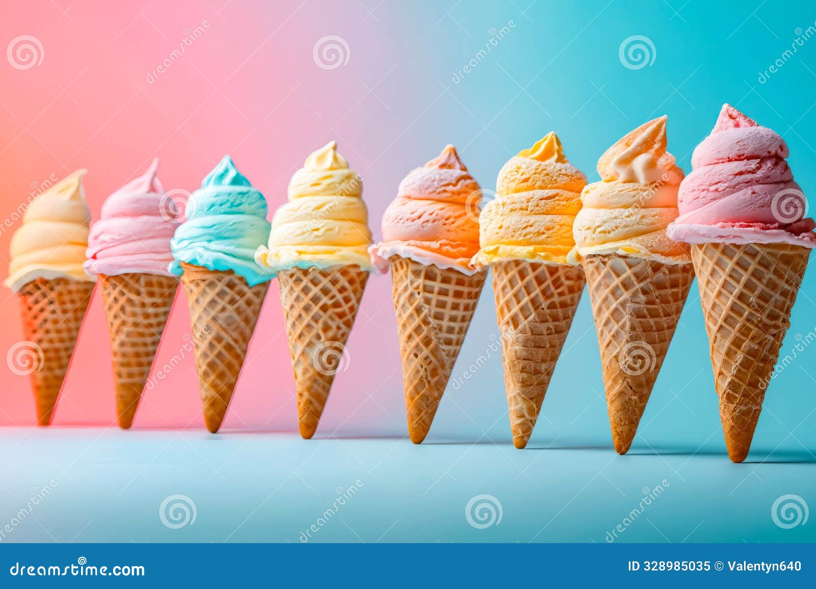 A Row of Ice Cream Cones Lined Up in a Row on a Blue and Pink ...