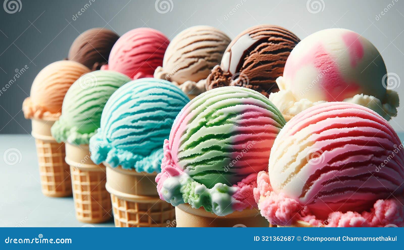 Row of Ice Cream Scoops, Featuring Various Flavors Stock Illustration ...