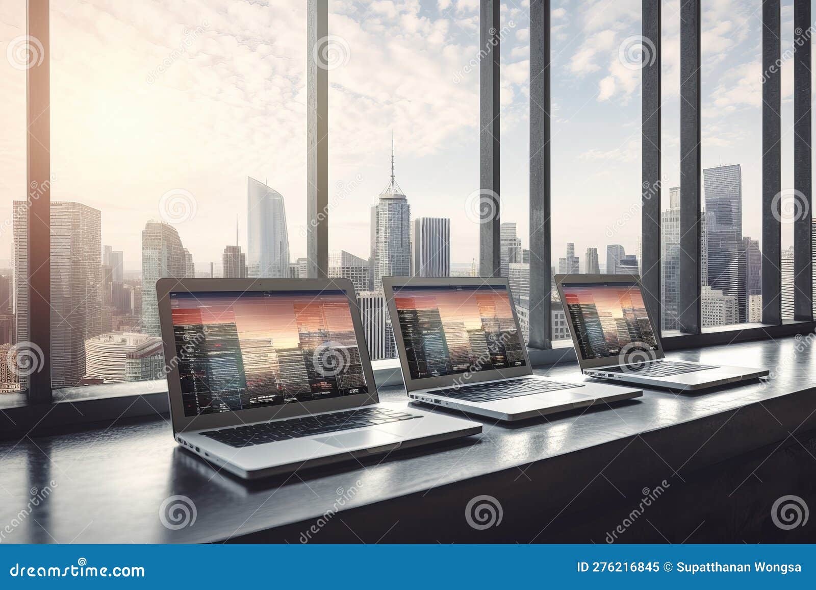 A Row of Identical Open Laptops with Different Stock from Generative Ai ...