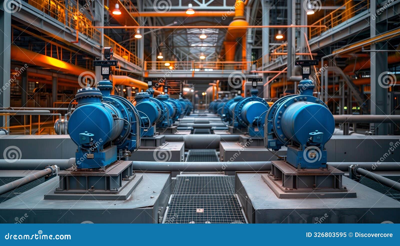 Row of Industrial Pumps in Large-Scale Manufacturing Facility Stock ...