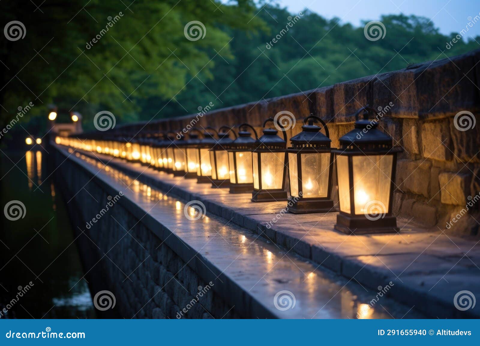 Row of Lanterns Lined Up on a Stone Bridge Stock Photo - Image of stone ...