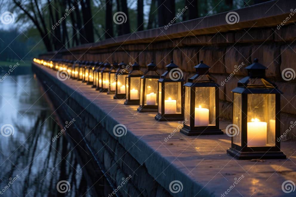 Row of Lanterns Lined Up on a Stone Bridge Stock Photo - Image of stone ...