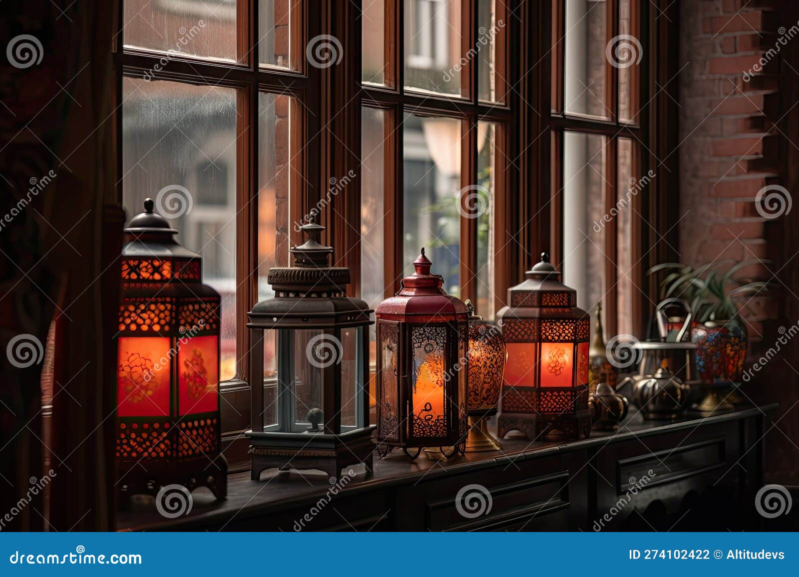 A Row of Lanterns in a Warm, Welcoming Window Stock Illustration ...