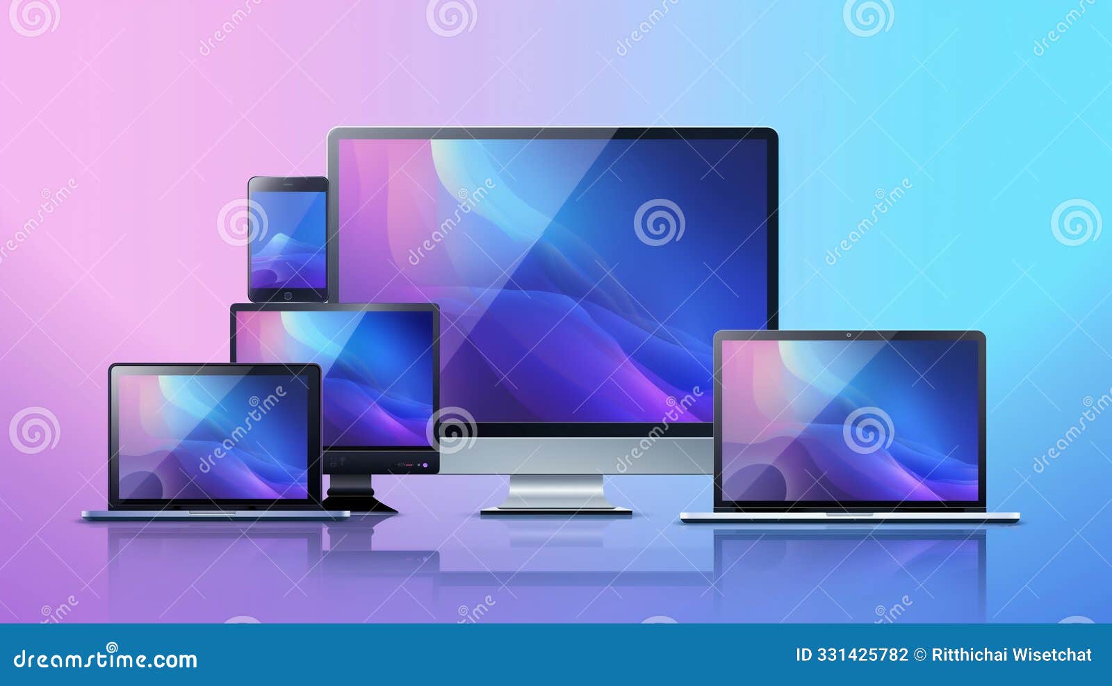 A Row of Laptops and Tablets are Displayed on a Blue Background Stock ...