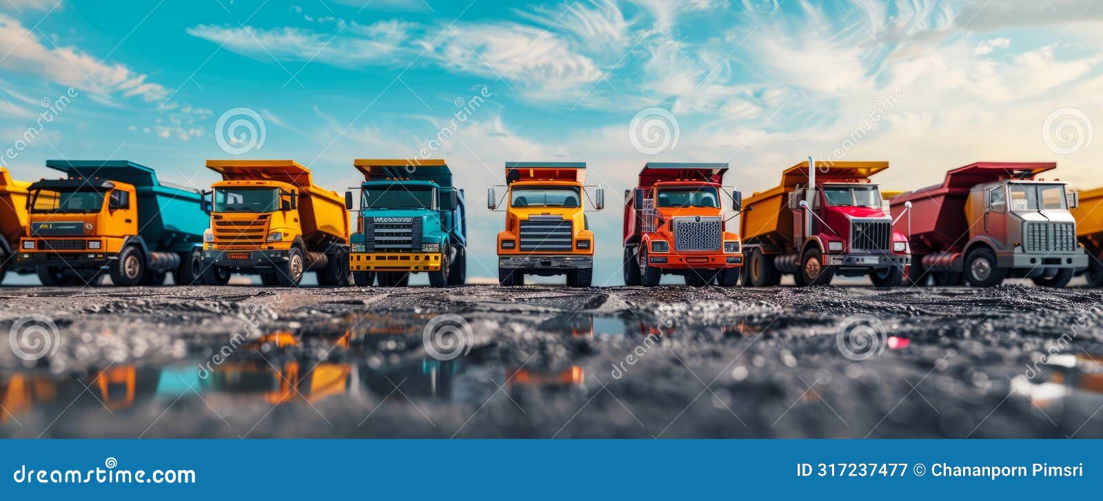A Row of Large Yellow Dump Trucks at a Construction Site Stock ...