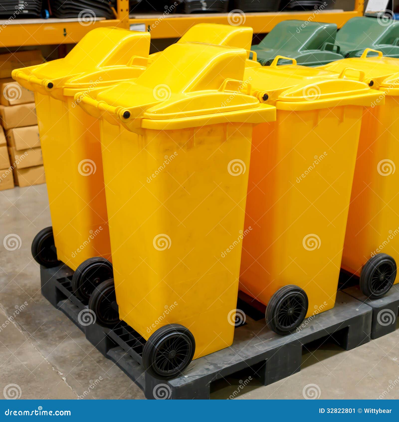 Row of Large Yellow Wheelie Bins for Rubbish Stock Image - Image of ...