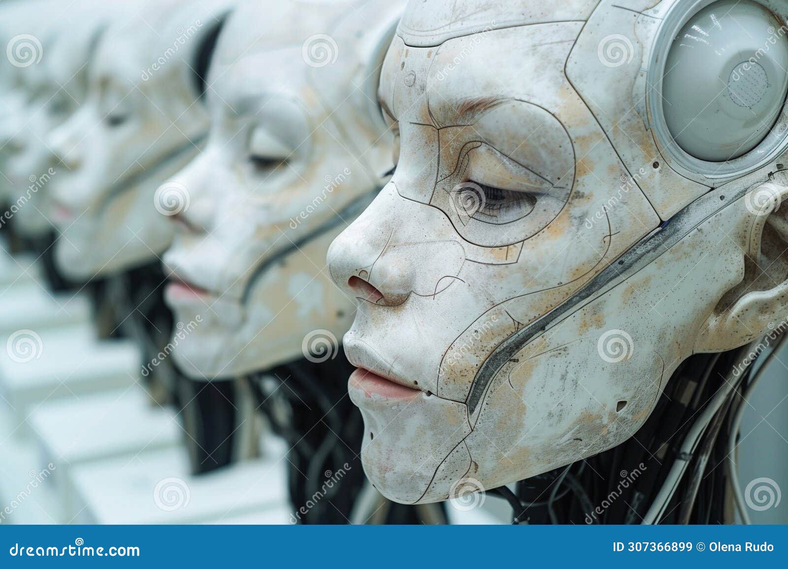 Row of Lifelike Android Faces Undergoing Assembly in High-Tech Robotics ...