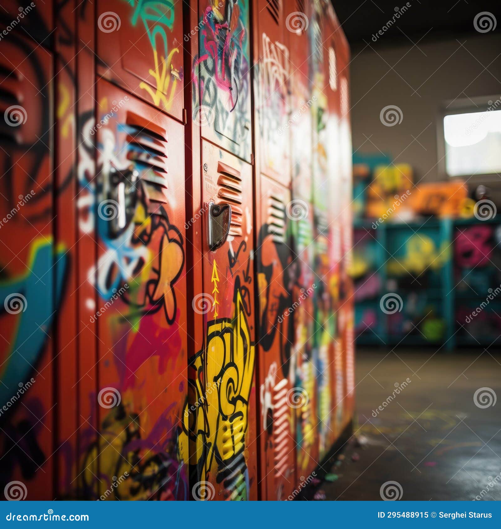 A Row of Lockers Covered in Graffiti, AI Stock Illustration ...