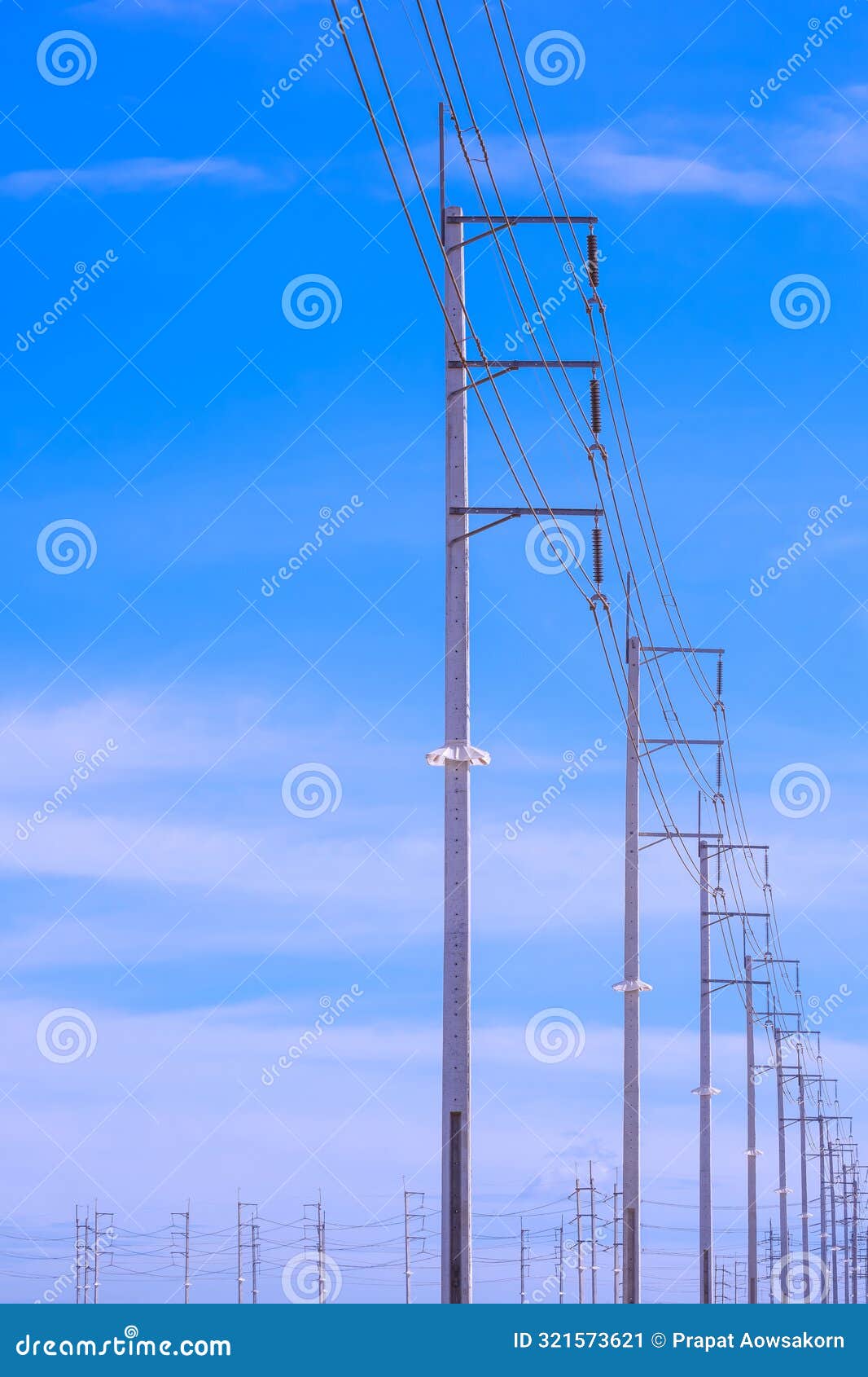 Row of Many Electric Poles and Cable Lines in Curve Line Pattern ...
