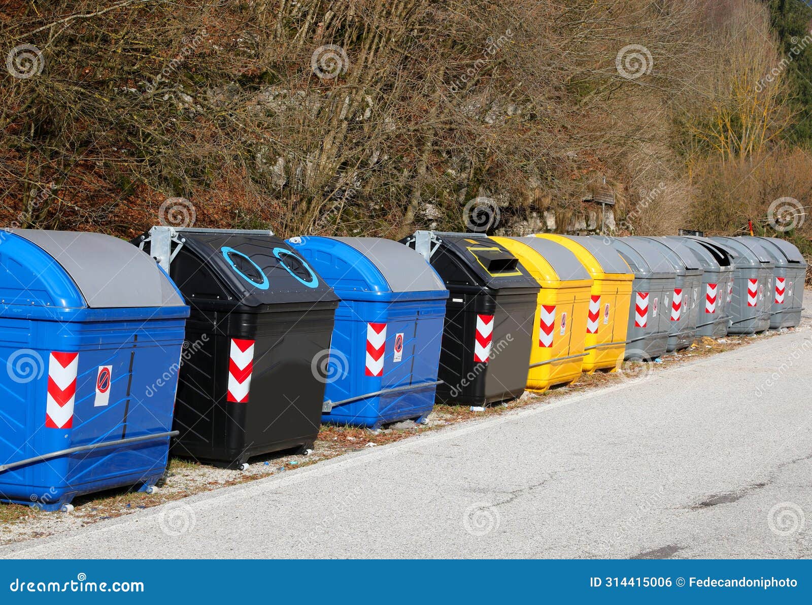 Row of Many Waste and Recycling Bins by the Roadside without People ...