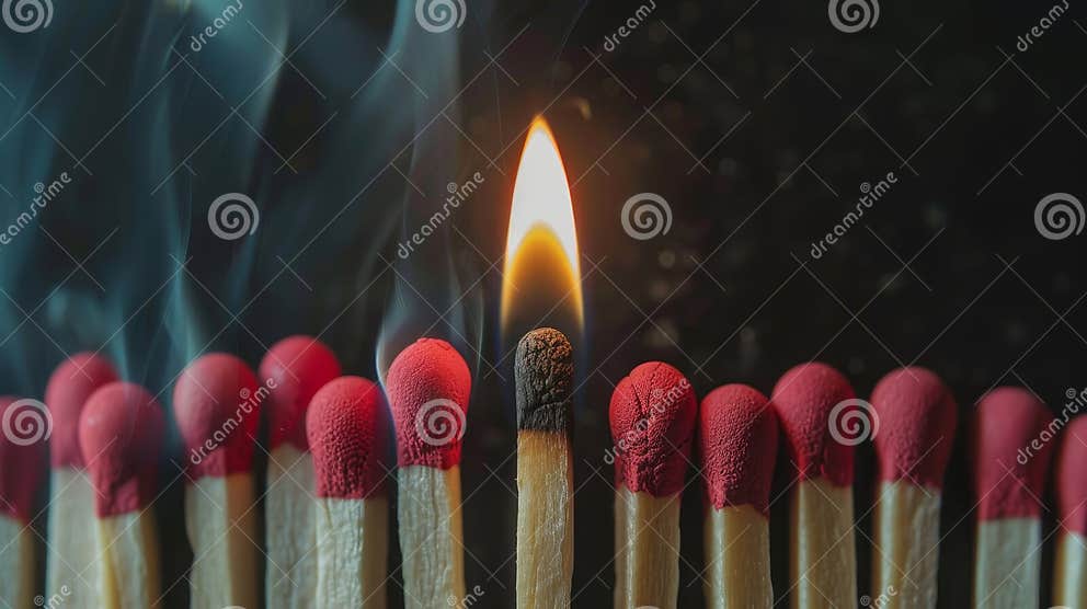 A Row of Matches with One that is Lit Stock Photo - Image of stick ...