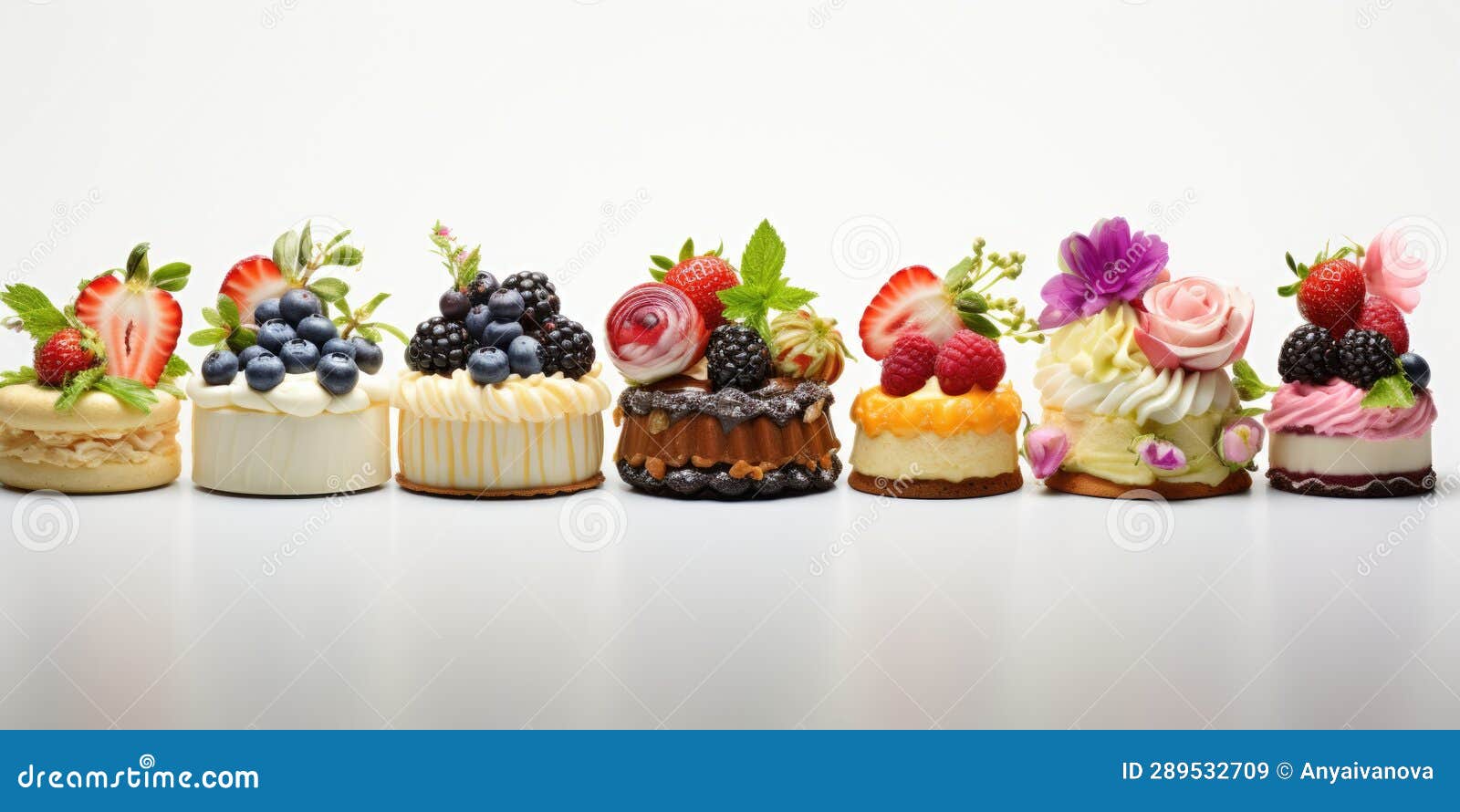 A Row of Mini Cakes with Different Toppings. Stock Image - Image of ...