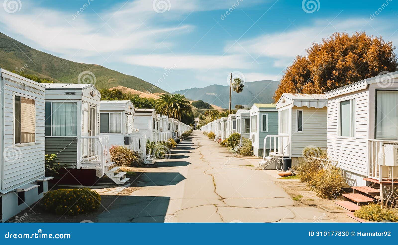 Row of Mobile Homes in a Park with Mountainous Backdrop Stock ...
