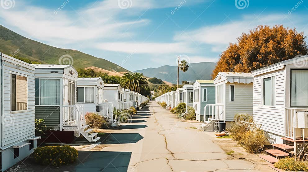 Row of Mobile Homes in a Park with Mountainous Backdrop Stock ...