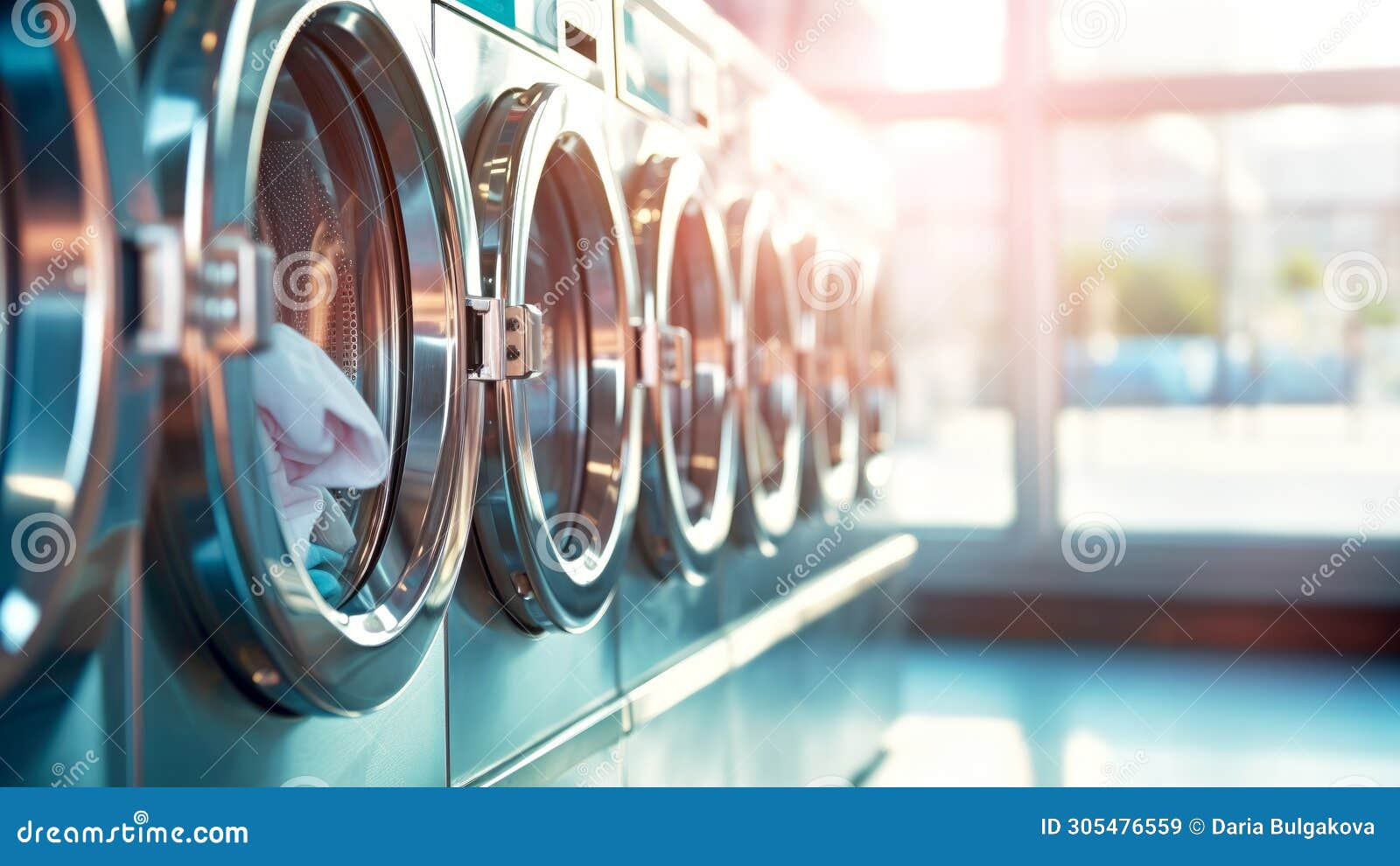 A Row of Modern, Efficient Washing Machines in a Bright Laundromat ...