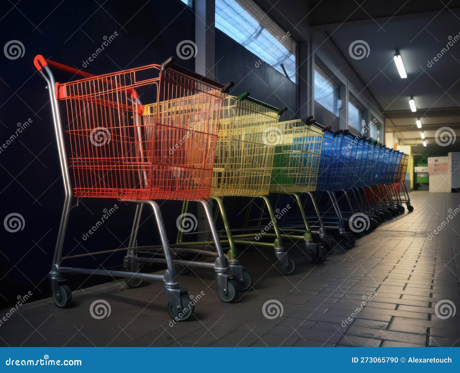 A Row of Multi-colored Carts Stands Inside the Store before the Opening ...