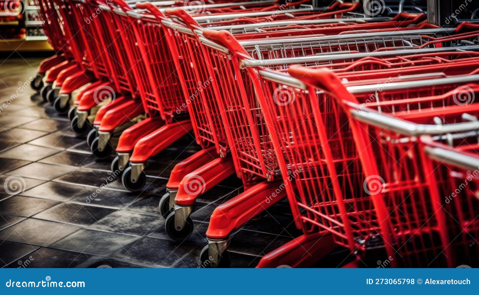 A Row of Multi-colored Carts Stands Inside the Store before the Opening ...