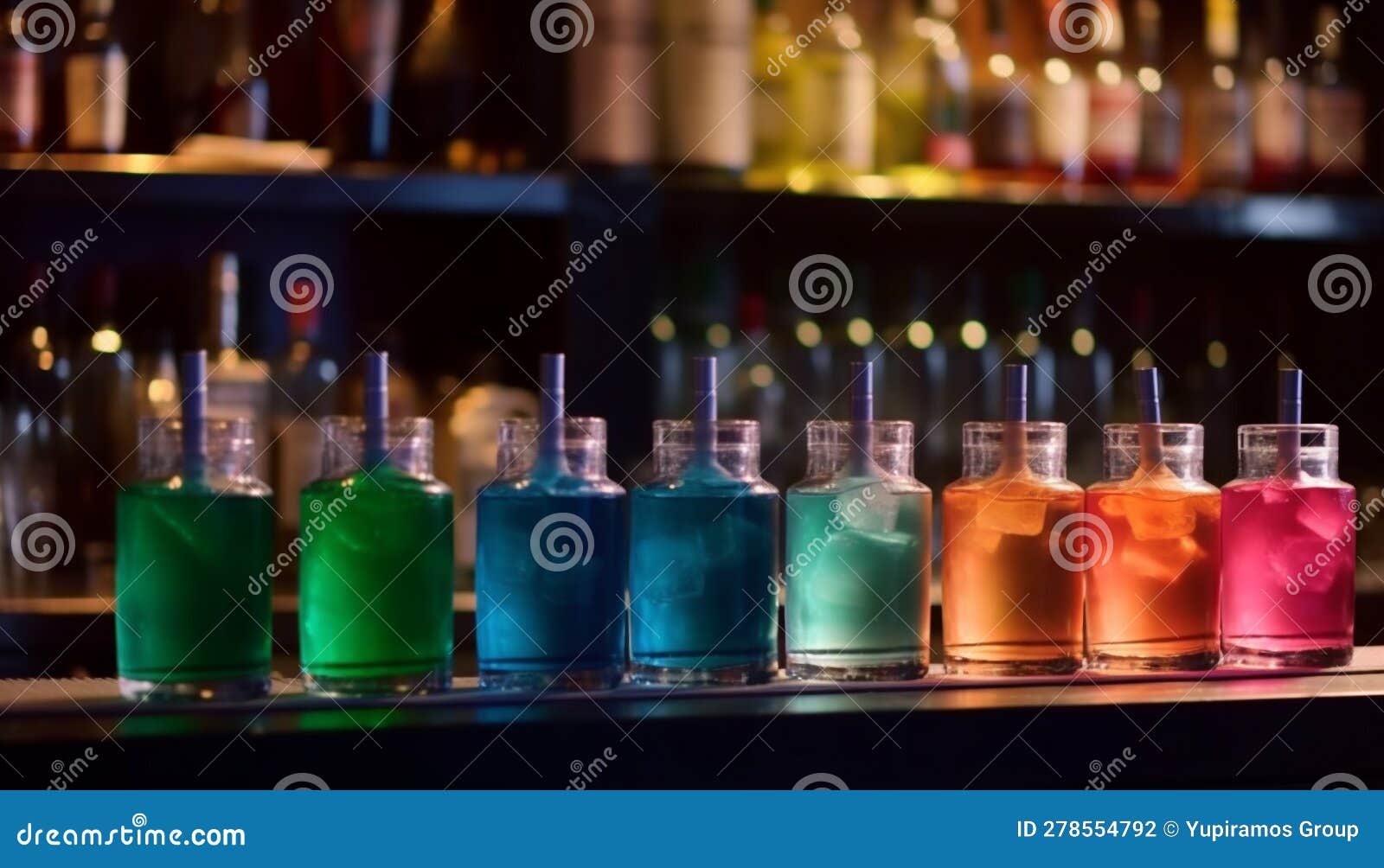 A Row of Multi Colored Cocktail Bottles Illuminate the Bar Counter ...
