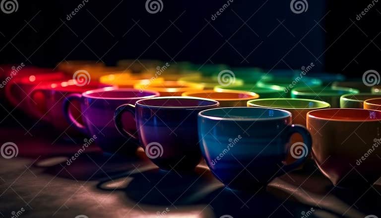 A Row of Multi Colored Coffee Cups on a Dark Table Generated by AI ...