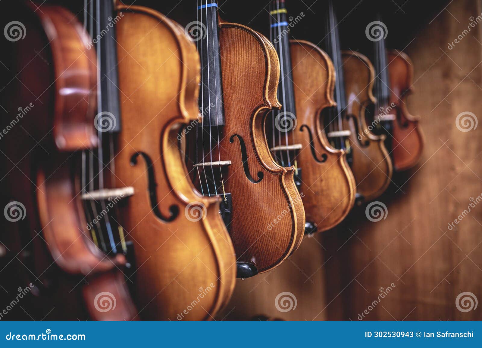 Row of Multiple Violins Hanging on the Wall, Musician Workshop Stock ...