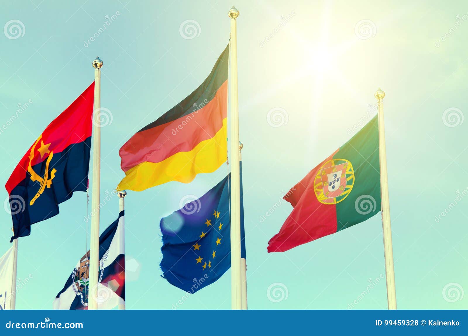 Row of National Flags Against Blue Sky Stock Photo - Image of ...