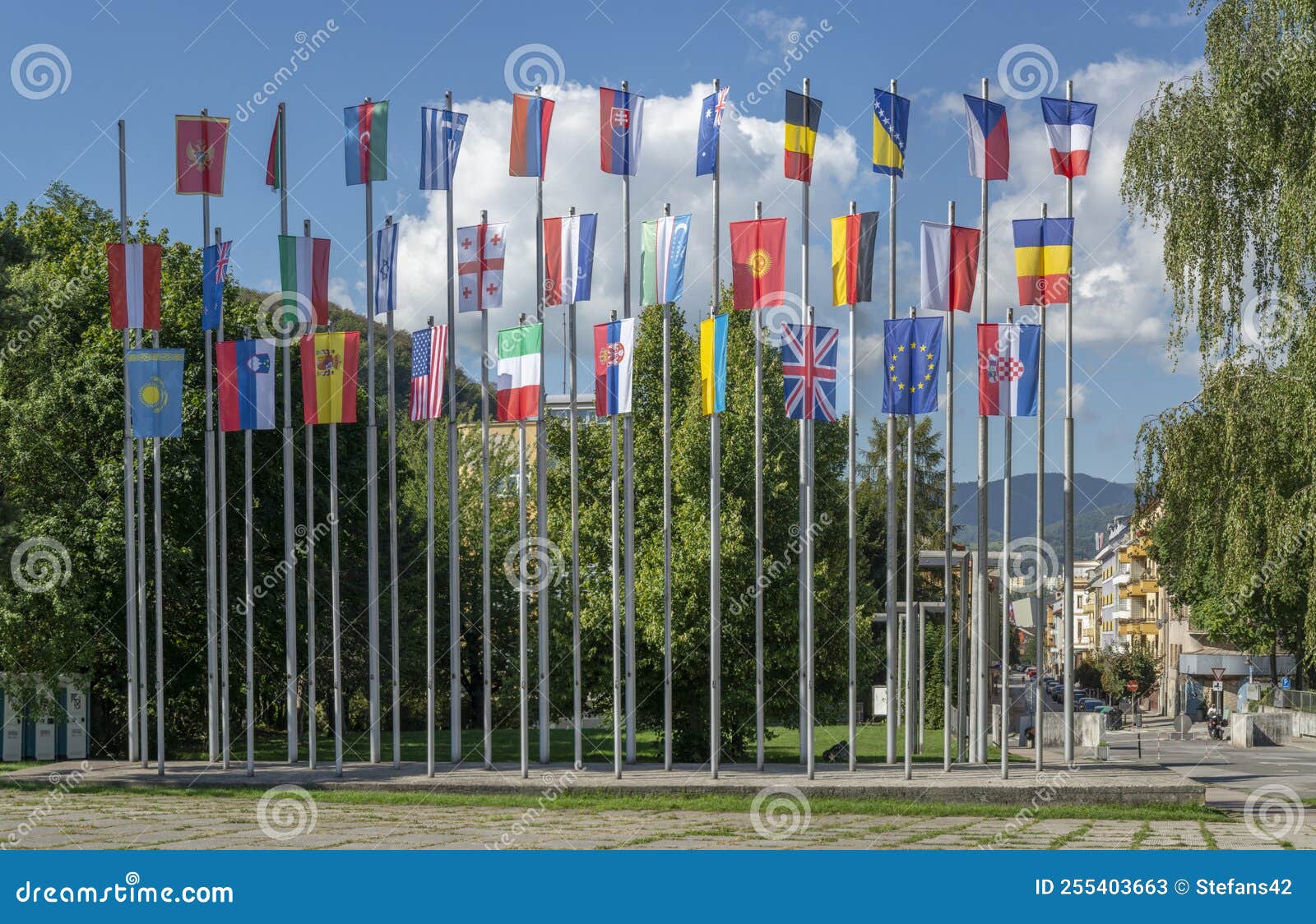 Row of National Flags. World Flags Blowing in the Wind Stock Image ...