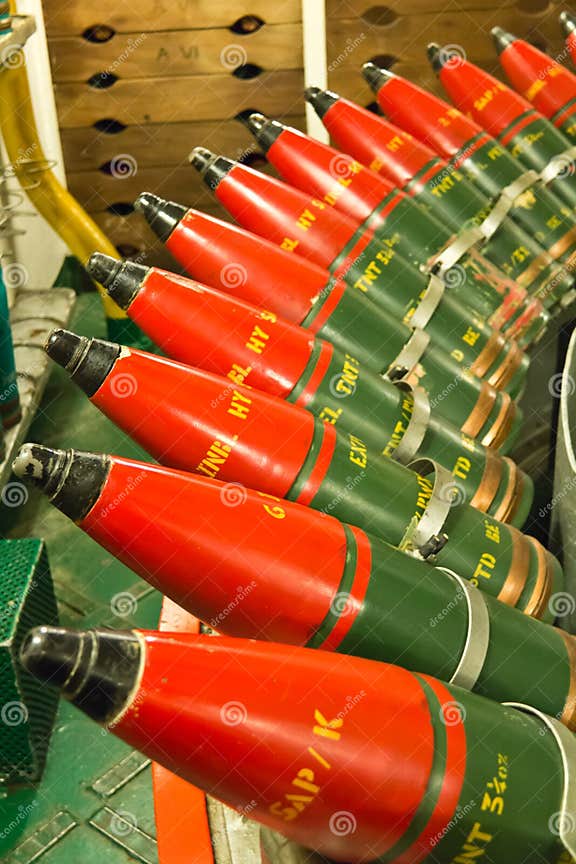Row of Naval Artillery Shells for Deck Gun Stock Photo - Image of ...