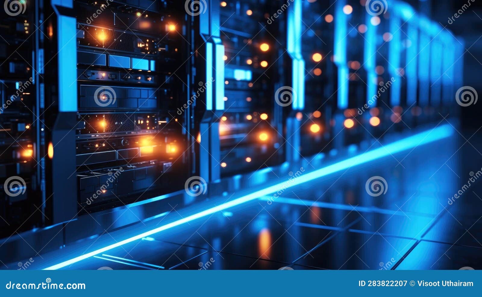 Row of Network Servers with Glowing LED Lights, a Scene of a Data ...