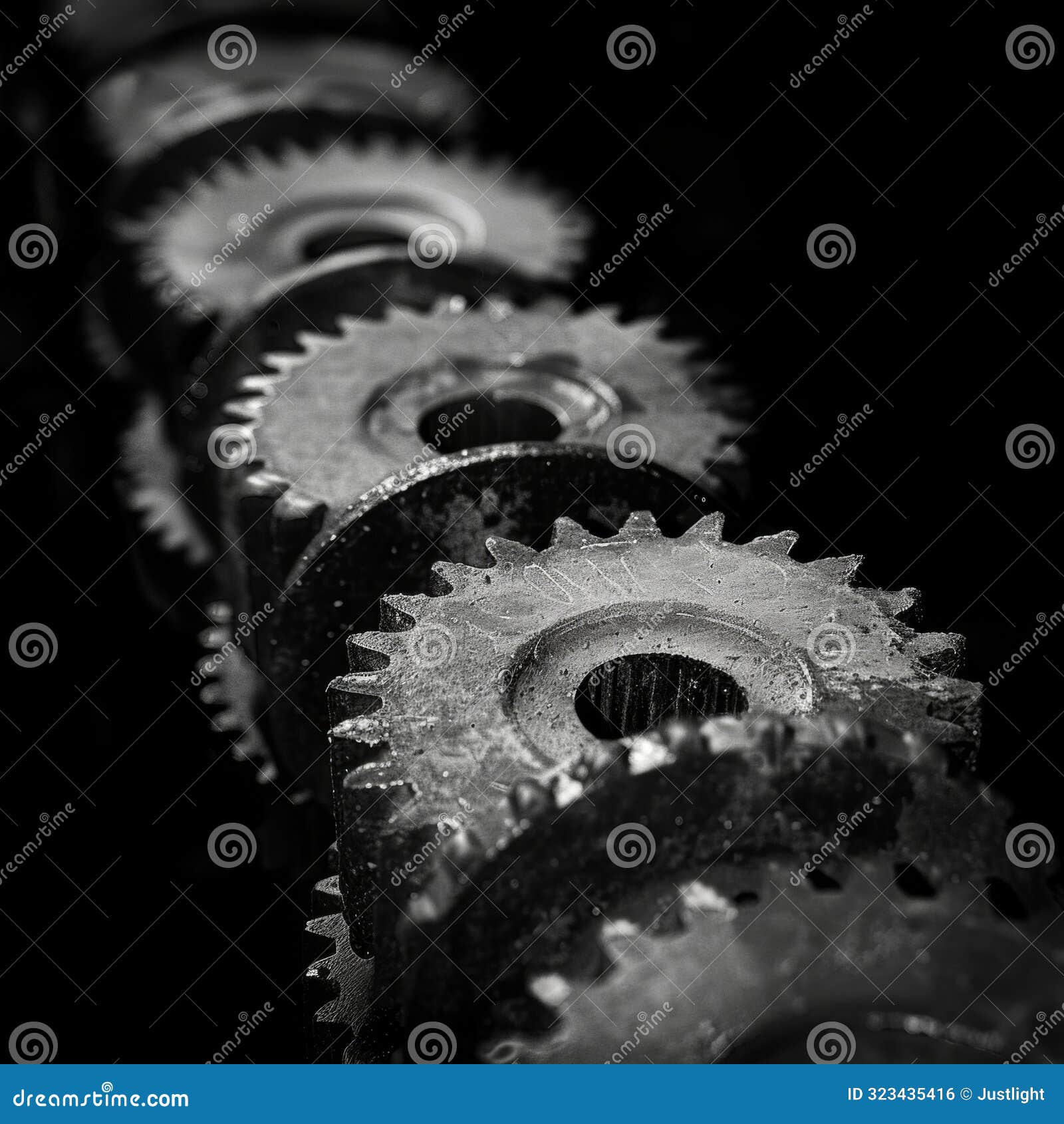 A Row of Oilstained Cogs Worn from Years of Use. Black and White Art ...