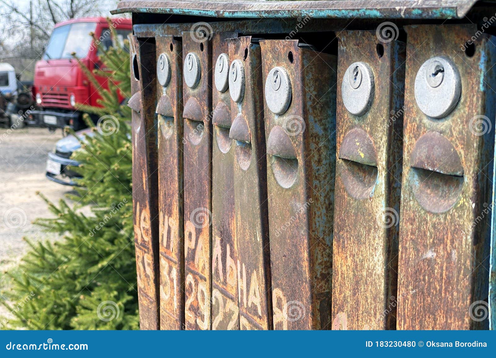 Row of Old Mail Boxes in Eastern Europe Stock Photo - Image of letter ...