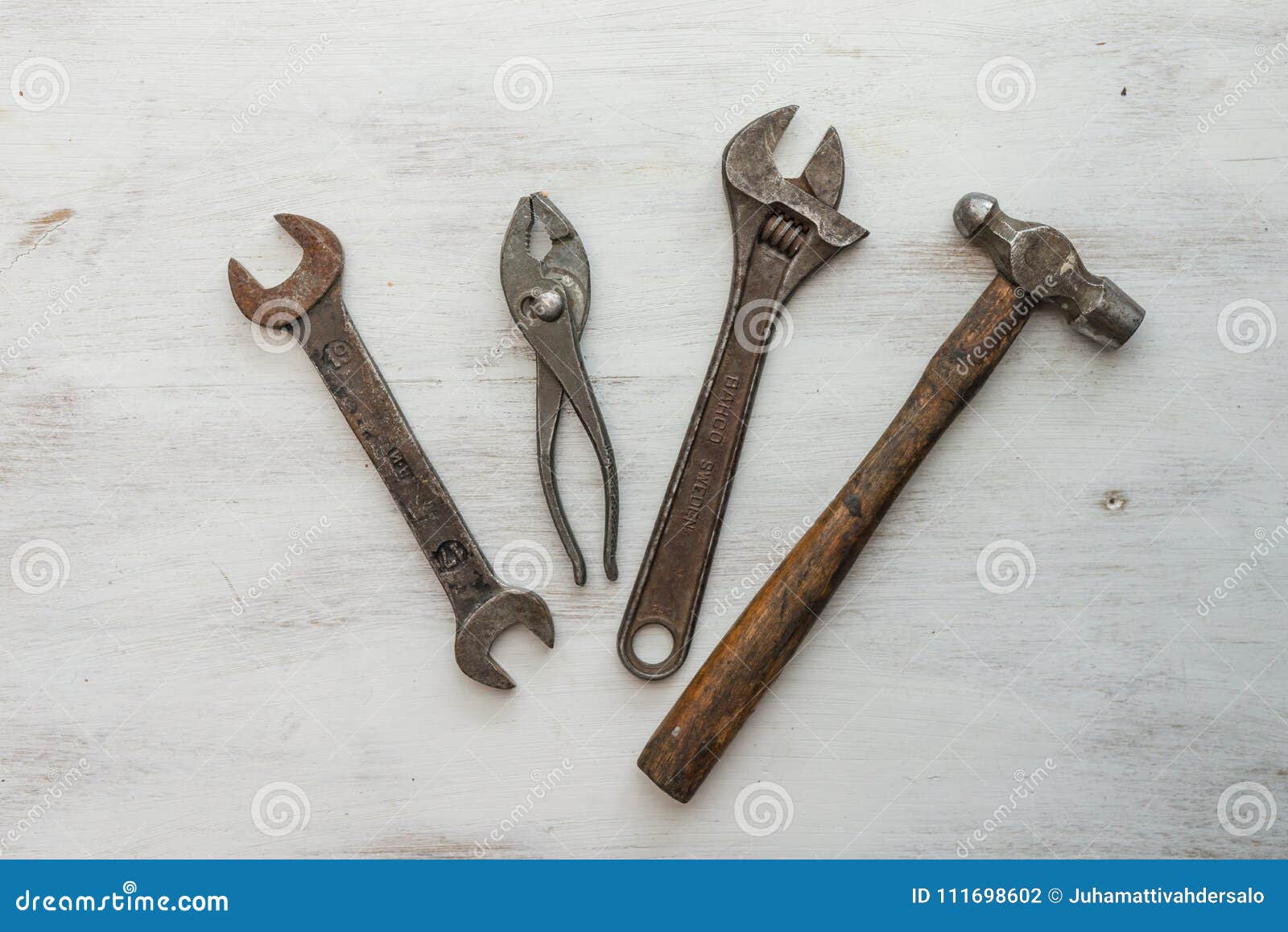 Row of Old Tools in Wooden Table Stock Photo - Image of wood, overhead ...