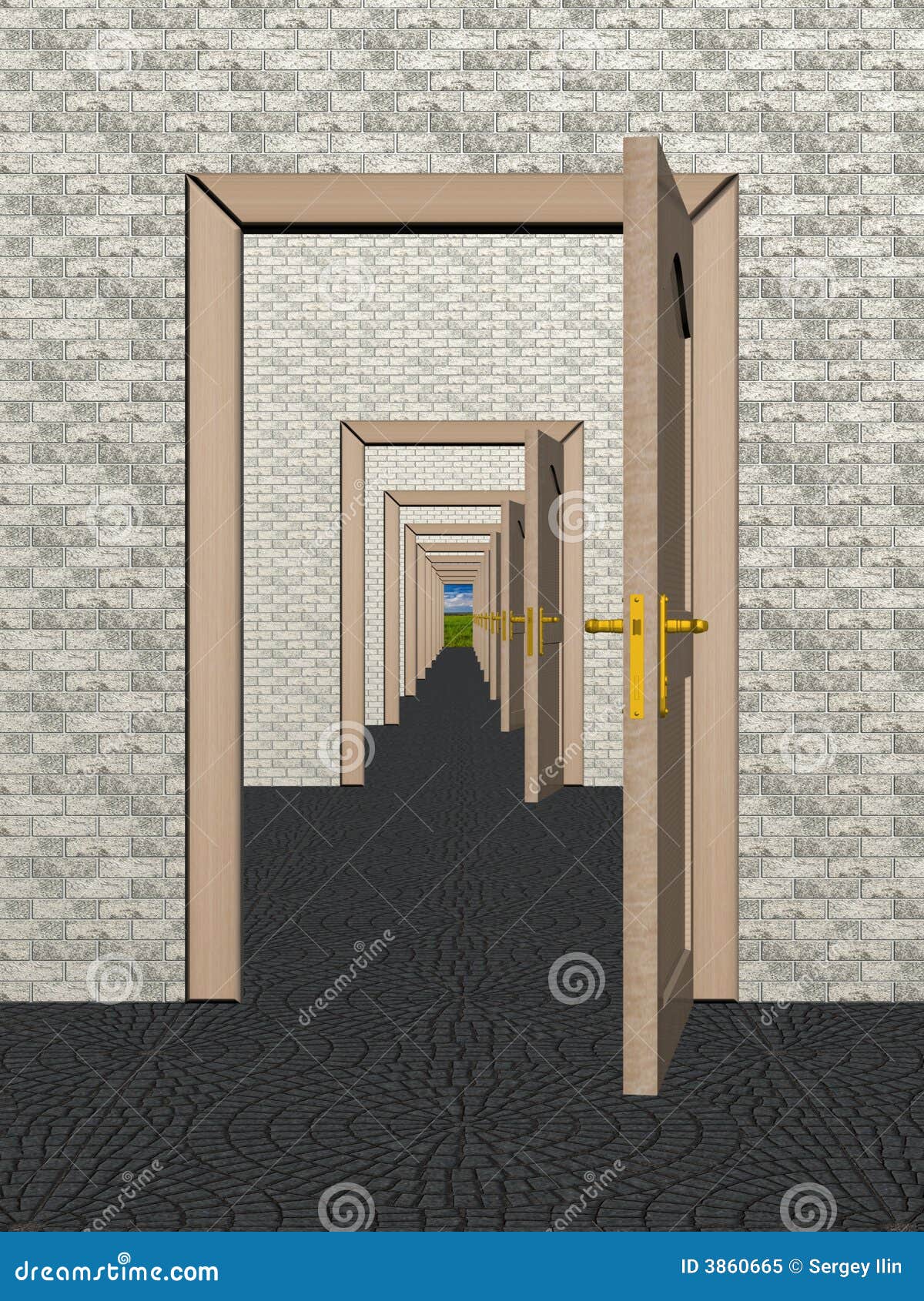 A row of the open doors. stock illustration. Illustration of brick ...