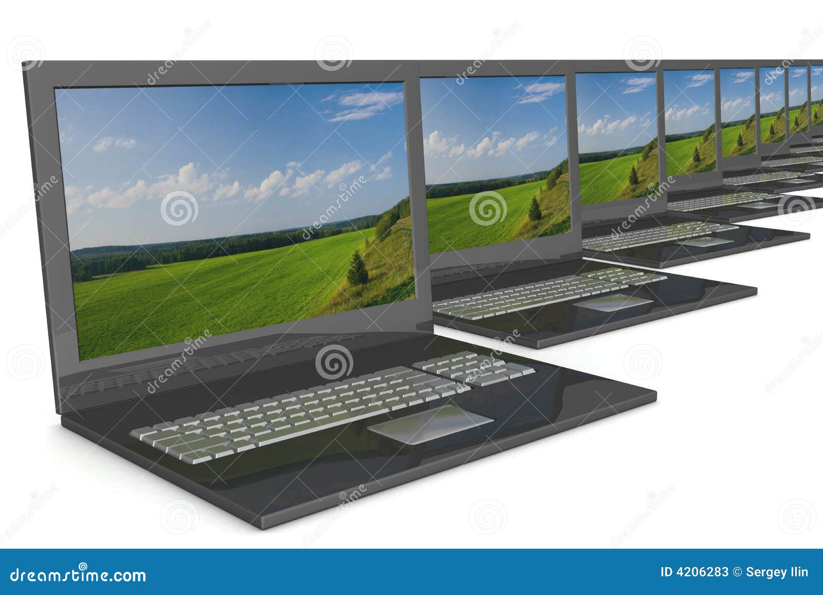 Row Open Laptops with a Landscape. Stock Illustration - Illustration of ...