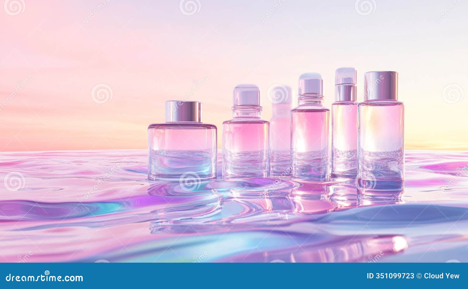 A Row of Perfume Bottles are Floating on the Surface of the Water Stock ...