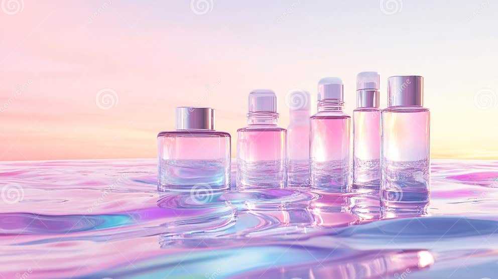 A Row of Perfume Bottles are Floating on the Surface of the Water Stock ...