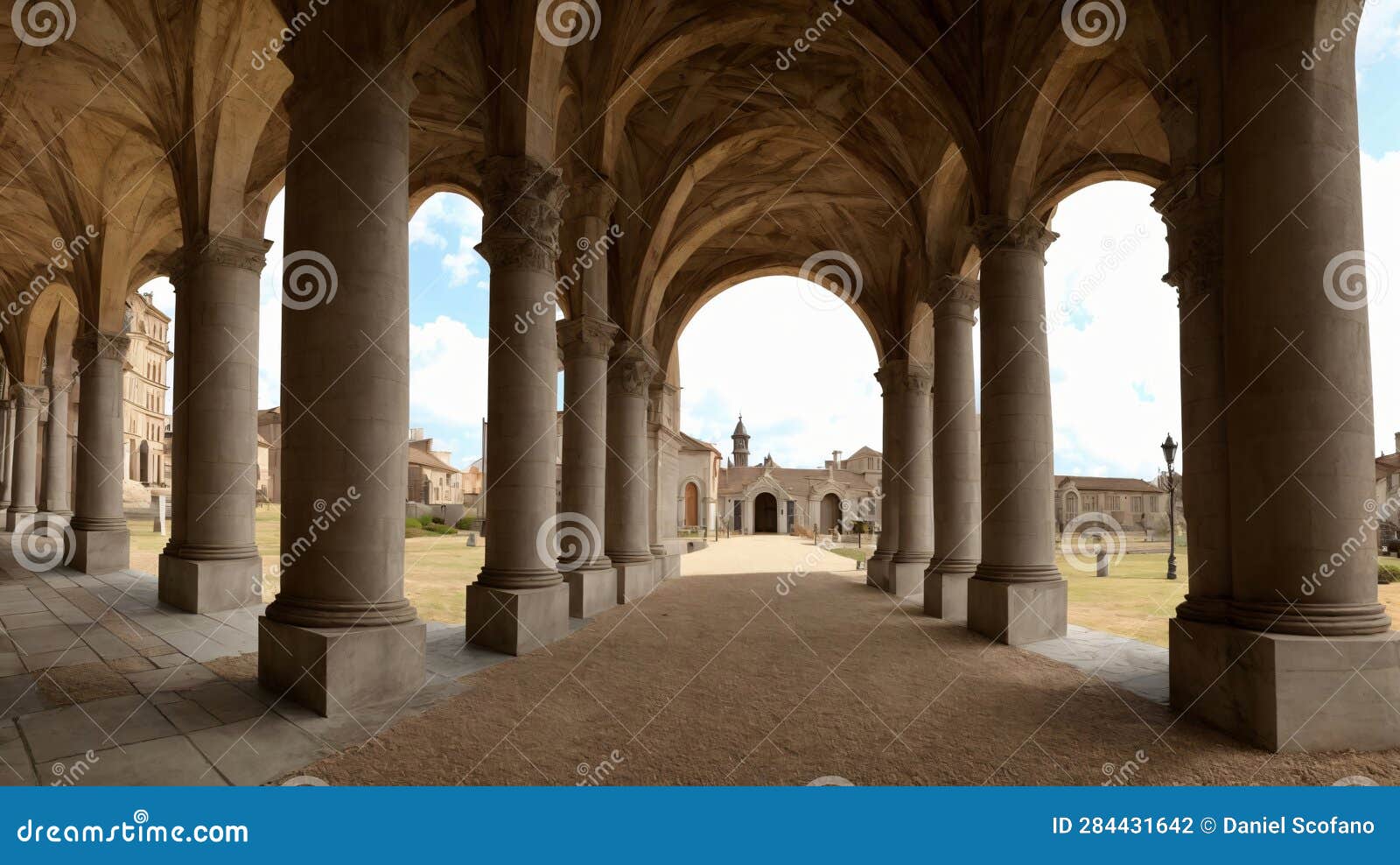 A Row of Pillars in a Building with a Sky Background. Generative AI ...