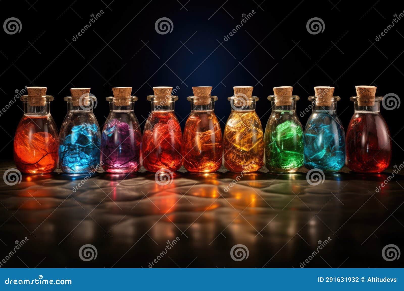 Row of Potion Bottles Filled with Different Colored Liquids Stock Photo ...