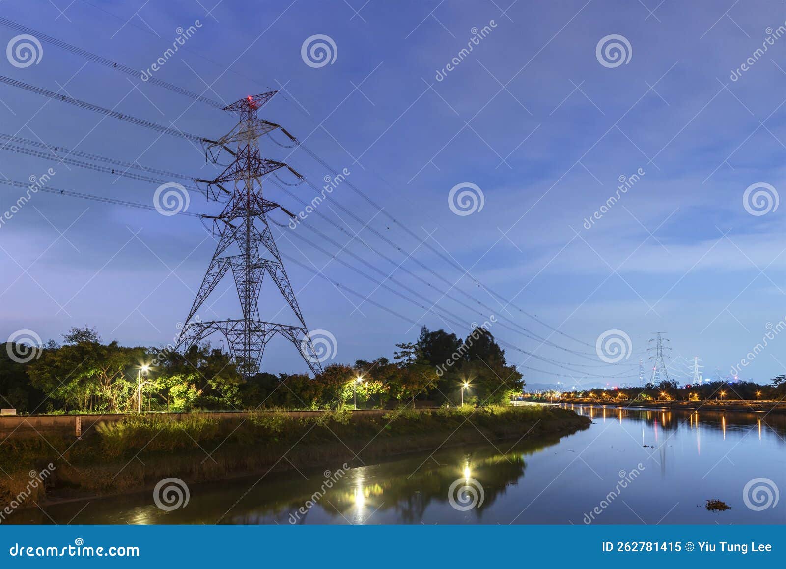 Row of Power Pylon and Power Line at Dusk Stock Image - Image of hong ...