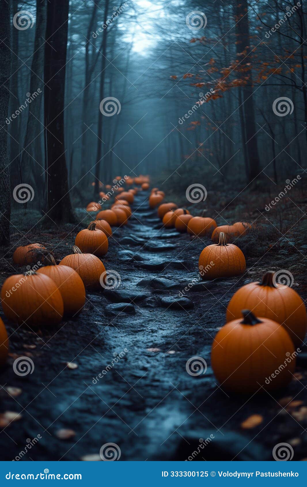 A Row of Pumpkins Lined Up on a Path in the Woods Stock Image - Image ...