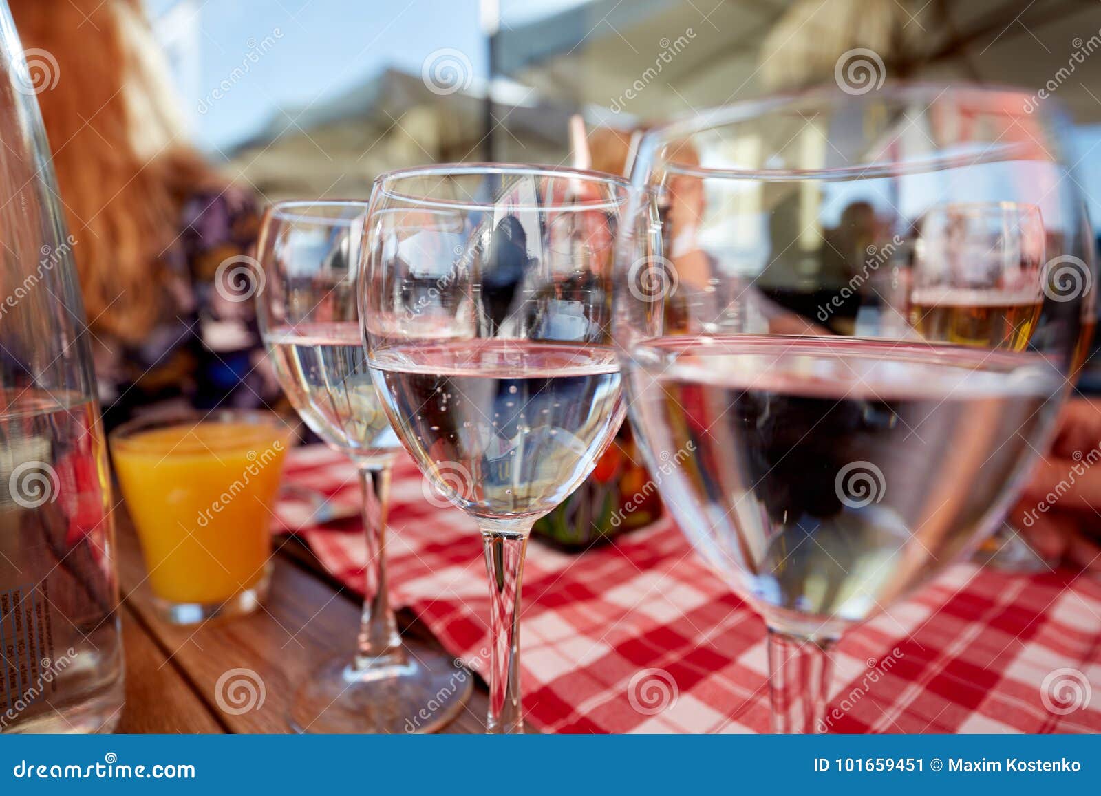 Row of Pure Drinking Water Glasses at Summer Terrace Cafe. Stock Image ...