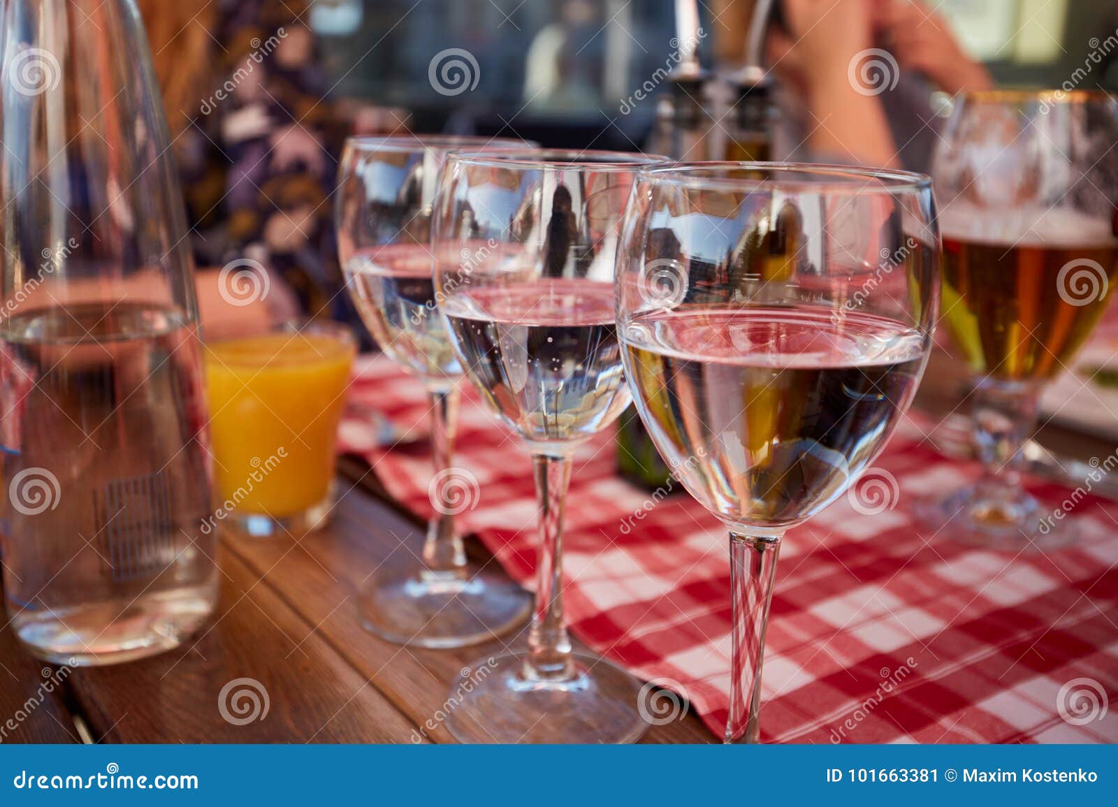 Row of Pure Drinking Water Glasses at Summer Terrace Cafe. Stock Image ...