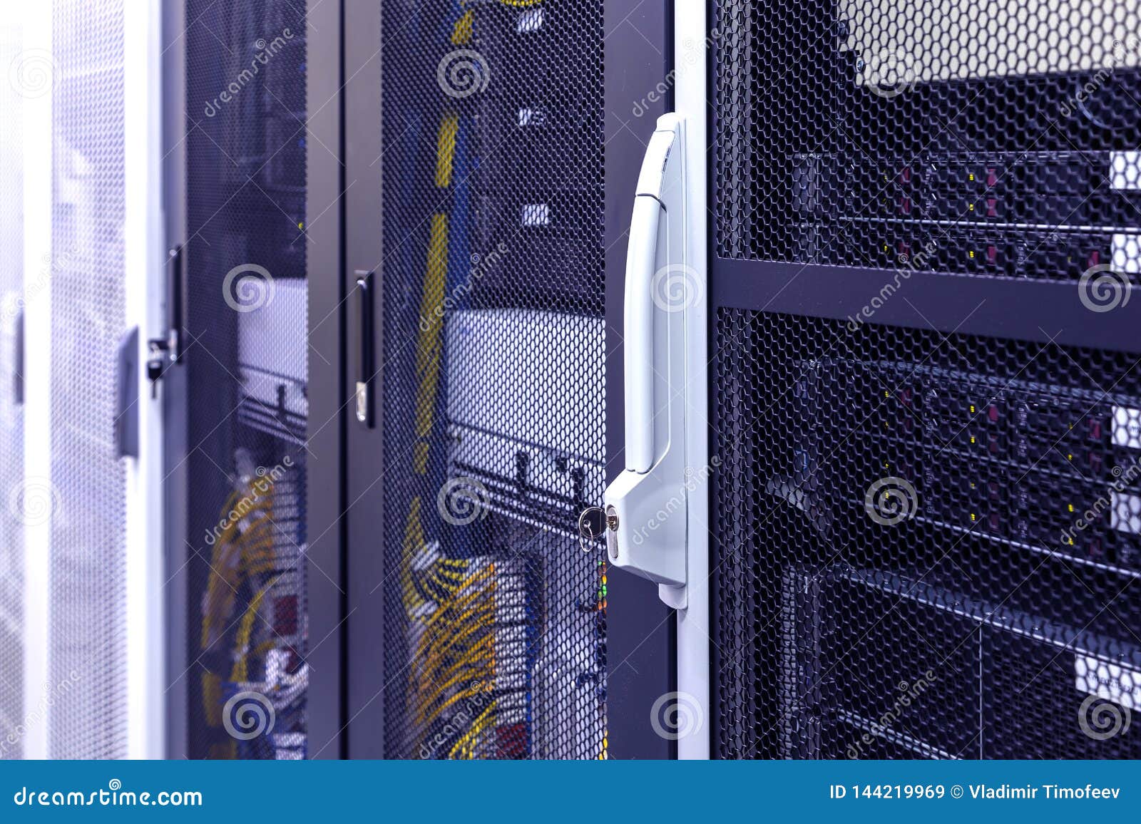 Row of Racks in Big Data Center Inside Close Up. Datacentre Interface ...