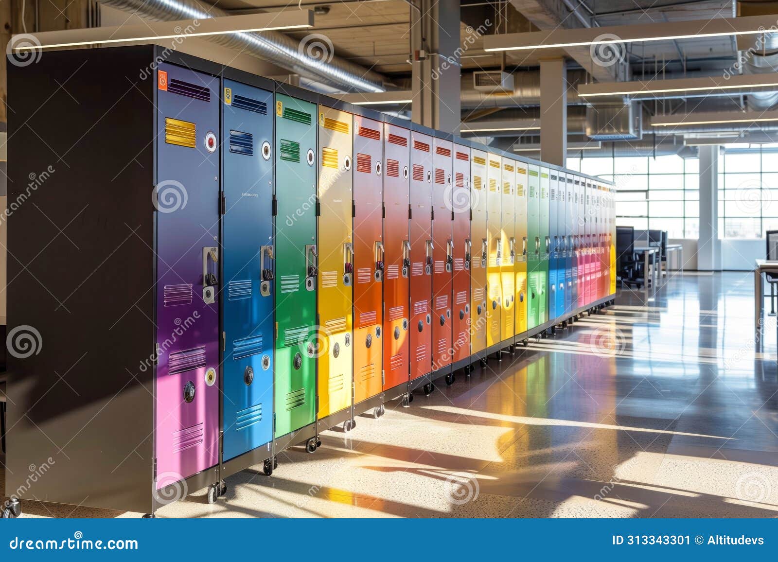 Row of Rainbowcolored Lockers in a Welllit Open Office Space Stock ...