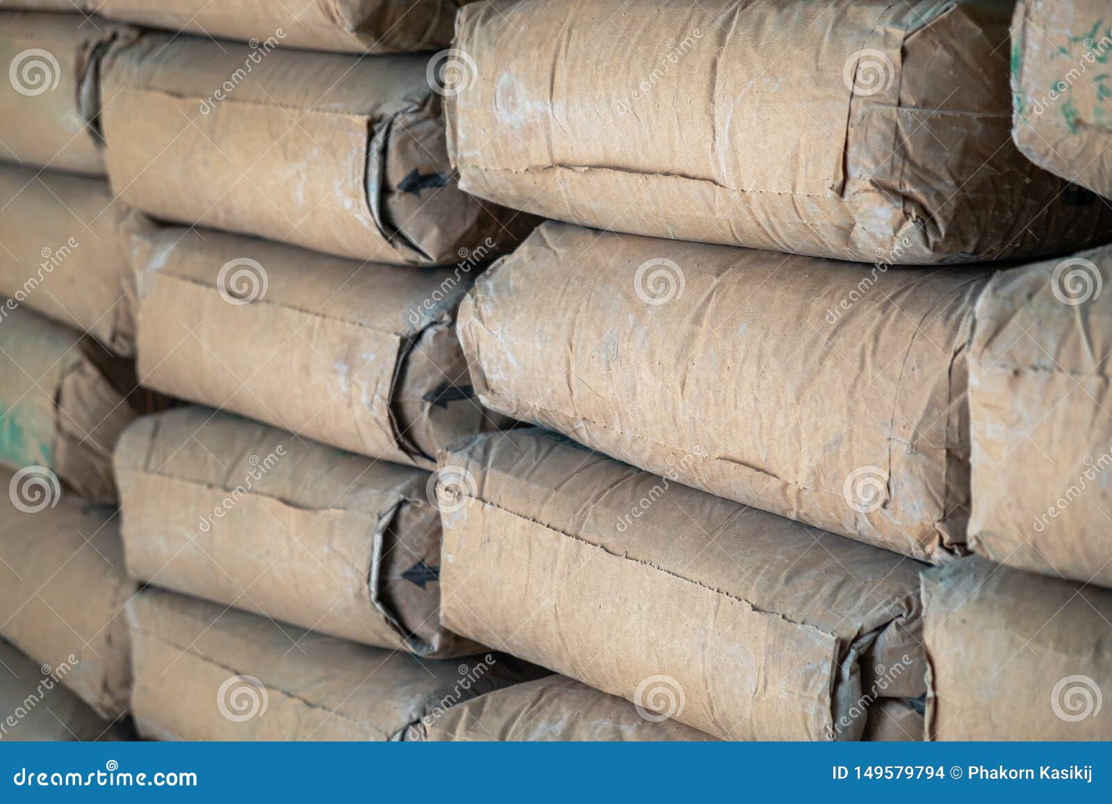 Row of Raw Brown Cement Bag Lay Stack in the Construction Work Site ...